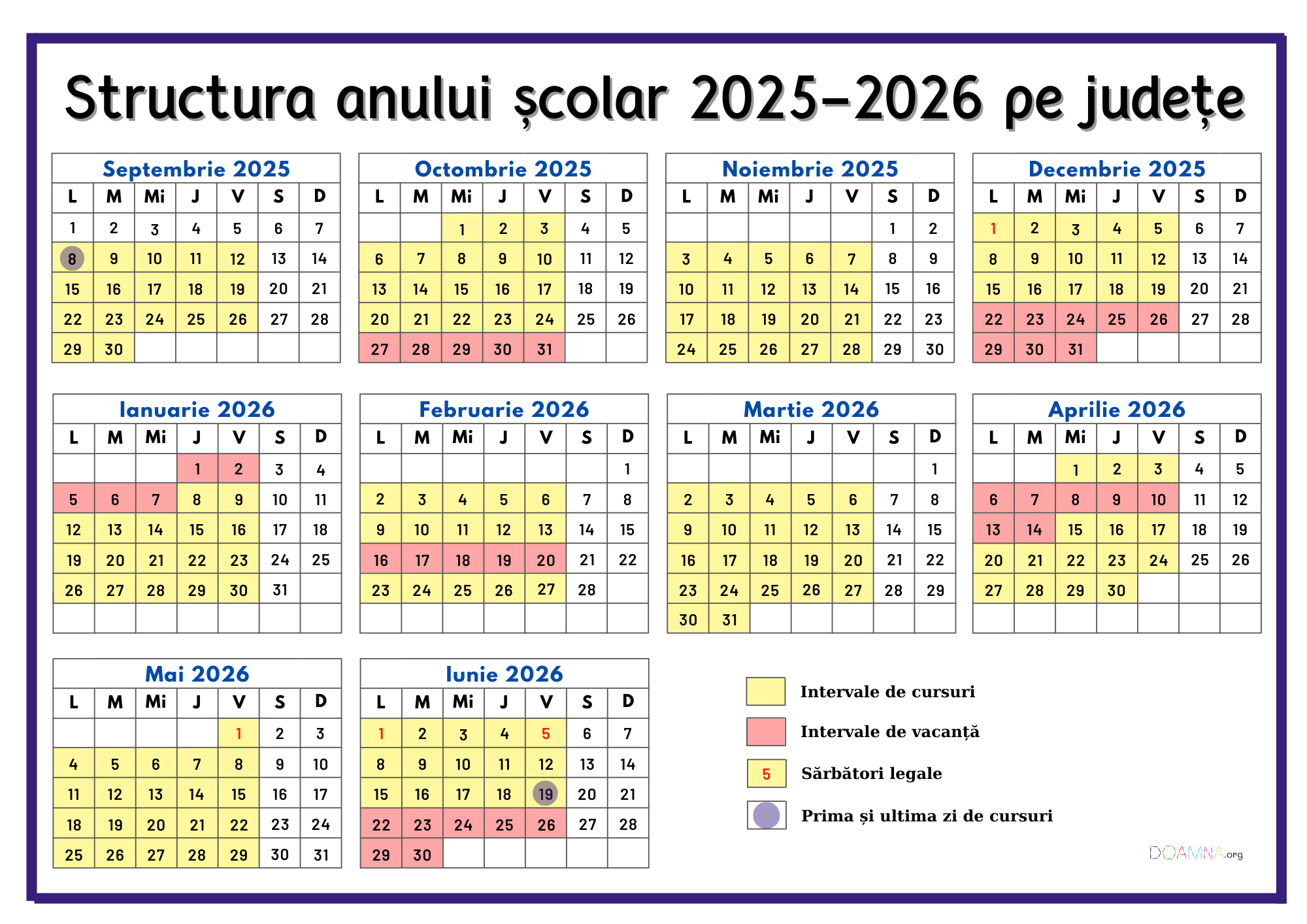 Structura anului școlar 2025-2026 pe județe DOAMNA.org